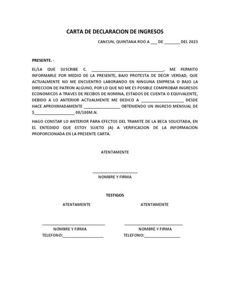 Carta De Declaracion De Ingresos Pdf