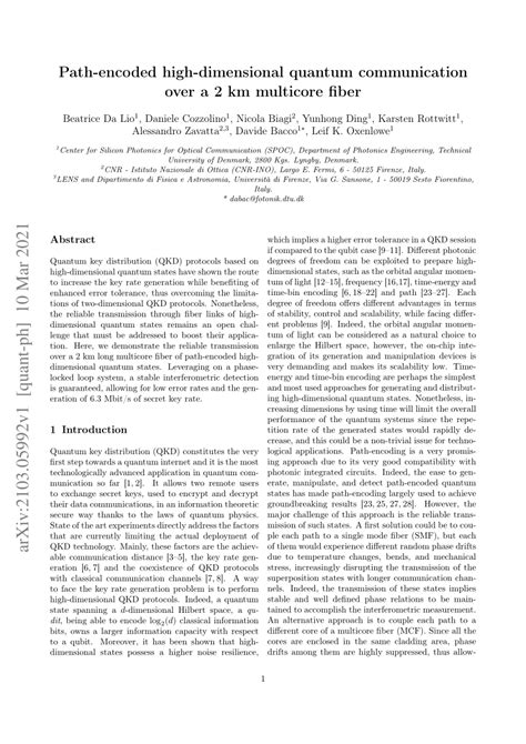 Pdf Path Encoded High Dimensional Quantum Communication Over A 2 Km Multicore Fiber