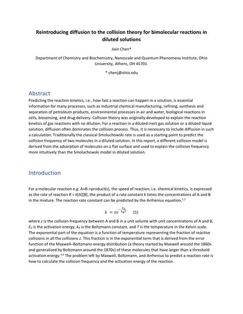 Pdf Reintroducing Diffusion To The Collision Theory For Bimolecular