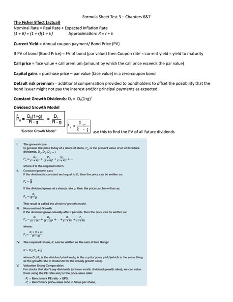 FNAN 300 Exam 3 Formula Sheet Formula Sheet Test 3 Chapters 6 The Fisher Effect Actual