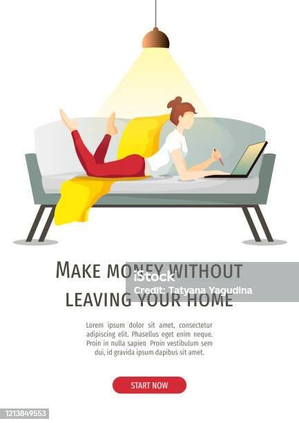 소파에서 집에서 일하거나 배우는 젊은 여성과 함께 배너 또는 전단지 프리랜서 집에서 일하기 E러닝 및 홈 오피스 개념 A4 용지에 대한 스톡 벡터 아트 및 기타 이미지