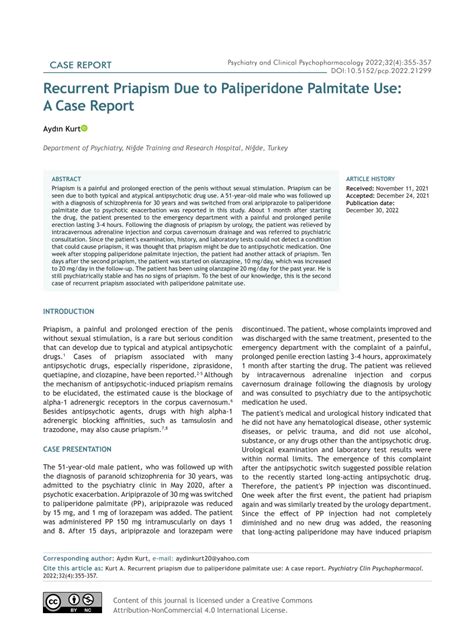 Pdf Recurrent Priapism Due To Paliperidone Palmitate Use A Case Report