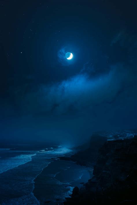 Download Blue Moon Over Coastline Night Scene Wallpaper