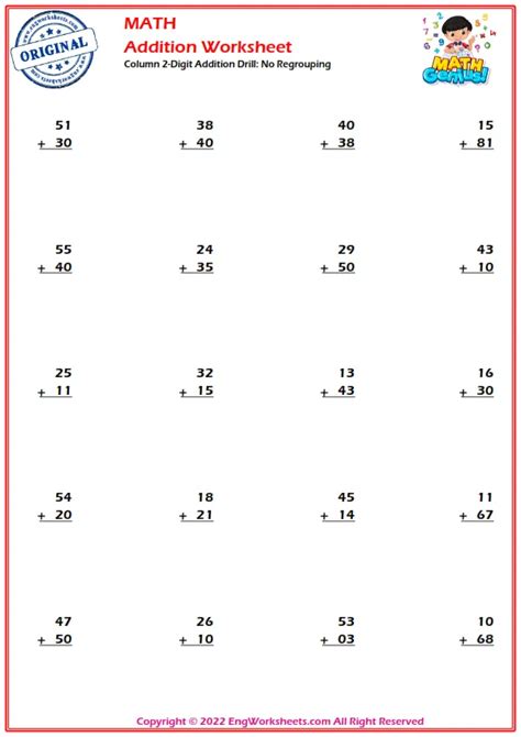 Column 2 Digit Addition Drill No Regrouping Worksheets And Exercise