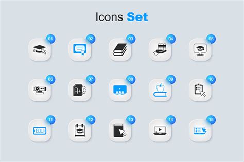 온라인 재생 비디오 A 플러스 등급이 있는 시험지 수료증 템플릿 교육 퀴즈 테스트 설문 조사 졸업 모자 커서 및 클래스 아이콘을 설정합니다 벡터 개념에 대한 스톡 벡터 아트