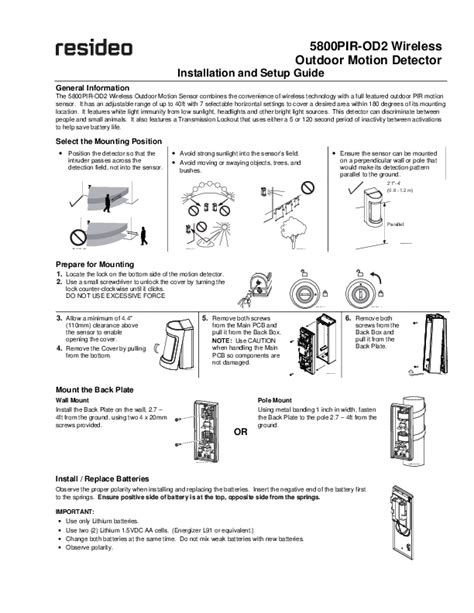 5800pir Od2 Wireless Outdoor Motion Detector Installation And Setup Guide