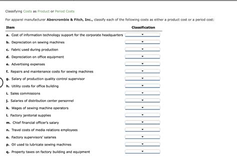 Solved Classifying Costs As Product Or Period Costs For Chegg