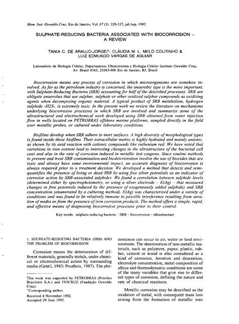 Pdf Sulphate Reducing Bacteria Associated With Biocorrosion A Review