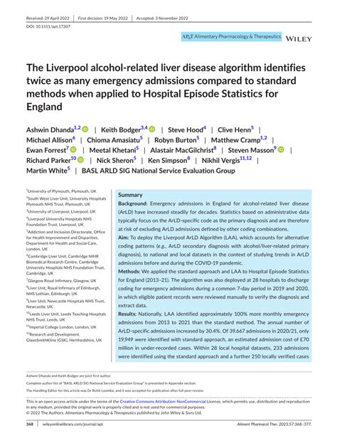 Pdf The Liverpool Alcohol‐related Liver Disease Algorithm Identifies
