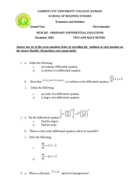 Mth 242 Ordinary Differential Equations End Of Semester Examination 2013 Garden City