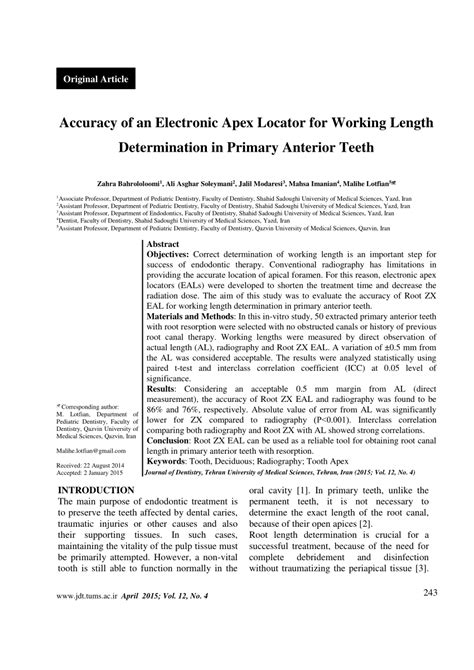 Pdf Accuracy Of An Electronic Apex Locator For Working Length Determination In Primary