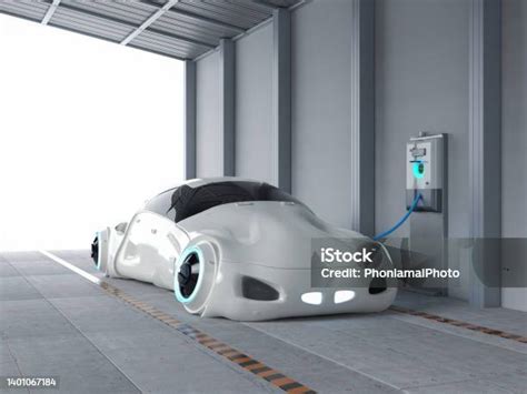 운전자가없는 자동차 또는 자율 주행 자동차는 Ev 충전 스테이션과 플러그를 꽂습니다 무인교통에 대한 스톡 사진 및 기타 이미지 무인교통 컨셉트 카 3차원 형태