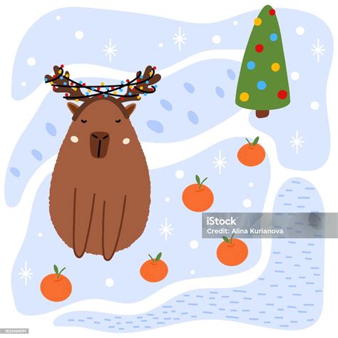 플랫 스타일의 크리스마스 트리가 있는 귀여운 카피바라 메리 크리스마스와 새해 인사말 카드에 대 한 Capybara 벡터 일러스트 레이 션 가축에 대한 스톡 벡터 아트 및