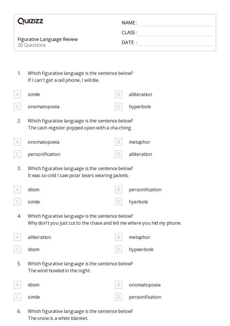 50 Figurative Language Worksheets For 3rd Grade On Quizizz Free And Printable