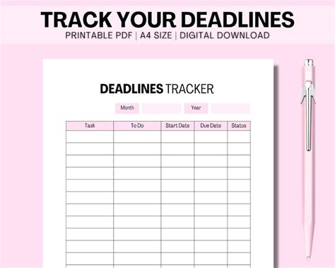 Printable Deadlines Tracker Task Progress Tracker Deadlines Log
