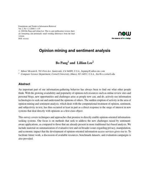 Opinion Mining And Sentiment Analysis Pang And Lee Pdf