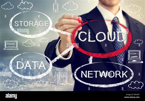 cloud computing flowchart with businessman over skyline background