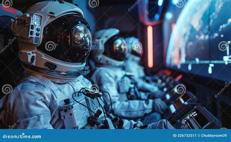 Astronauts In Space Suits Seated Inside A Spacecraft Operating Controls With A View Of Outer