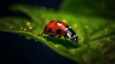 Premium Ai Image A Macro Lens Photograph Of A Ladybug Sitting On A Green Generativi Ai