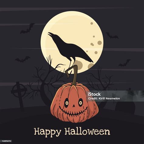 행복한 할로윈 비문과 보름달과 박쥐가있는 밤하늘을 배경으로 공동 묘지에 까마귀가있는 무서운 호박 10월에 대한 스톡 벡터 아트 및 기타 이미지 Istock