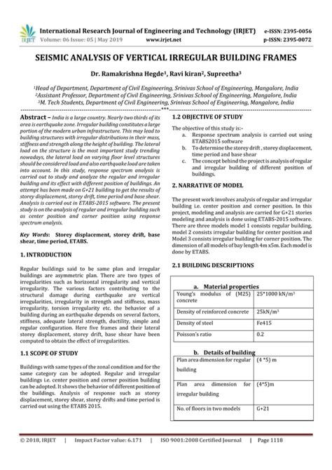 IRJET Seismic Analysis Of Vertical Irregular Building Frames PDF