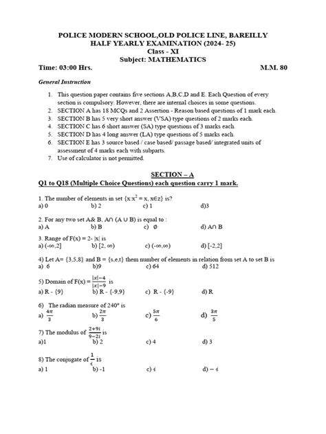 Mathematics Xi Half Yearly Paper 2024 25 Pdf Mathematical Concepts Mathematics