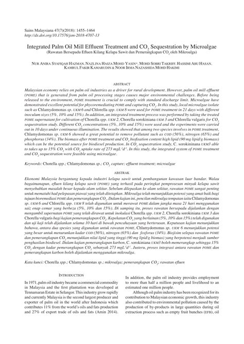 Pdf Integrated Palm Oil Mill Effluent Treatment And Co2 Sequestration By Microalgae