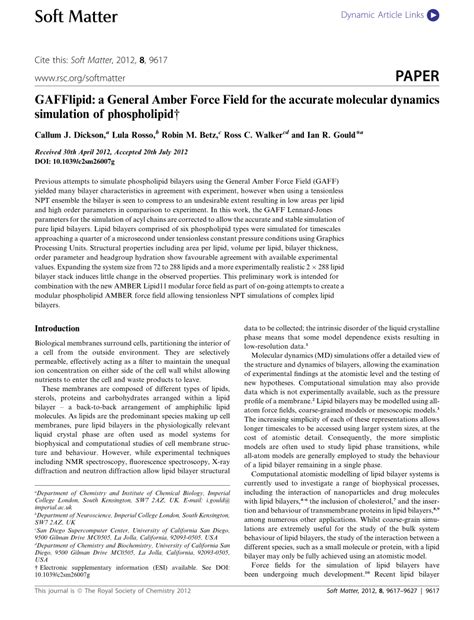 Pdf Gafflipid A General Amber Force Field For The Accurate Molecular