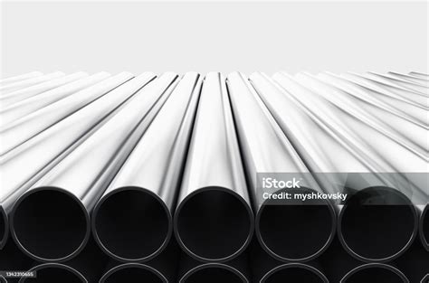흰색 배경에 금속 파이프의 클로즈업 흰색 배경에 고립 된 철 파이프 더미 3d 렌더 일러스트레이션 0명에 대한 스톡 사진 및 기타 이미지 Istock