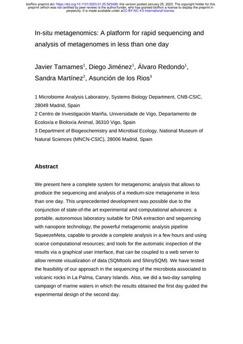 Pdf In Situ Metagenomics A Platform For Rapid Sequencing And Analysis Of Metagenomes In Less