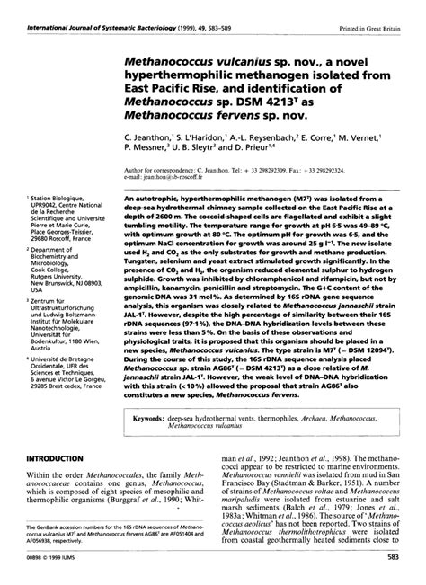 Pdf Methanococcus Vulcanius Sp Nov A Novel Hyperthermophilic Methanogen Isolated From East