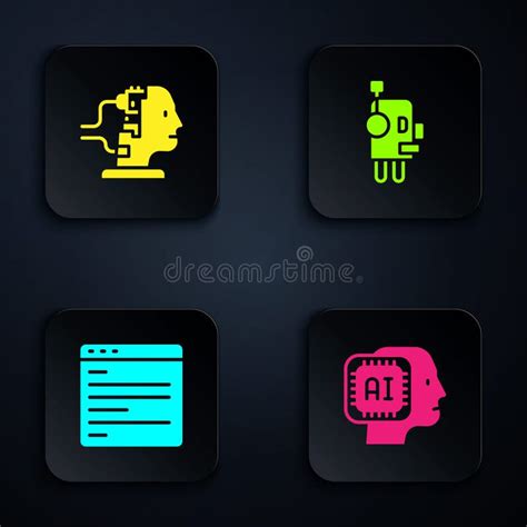 Set Humanoid Robot Robot For Maintenance Computer Api Interface And Black Square Button