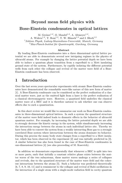 Pdf Beyond Mean Field Physics With Bose Einstein Condensates In Optical Lattices