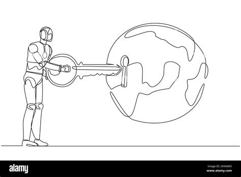 Continuous One Line Drawing Robot Putting Key Into Globe Global Warming Alert For Ecosystem
