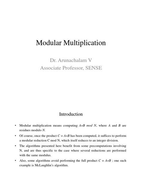 Modular Multiplication Dr Arunachalam V Associate Professor Sense Pdf Algorithms