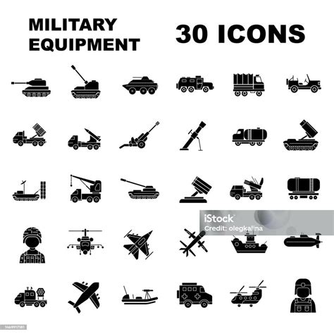 전쟁 군사 군대 전체 아이콘의 집합 군사 장비 도구 보조 장치 및 기기 컬렉션과 아이콘의 팩 군사에 대한 스톡 벡터 아트 및 기타 이미지 Istock