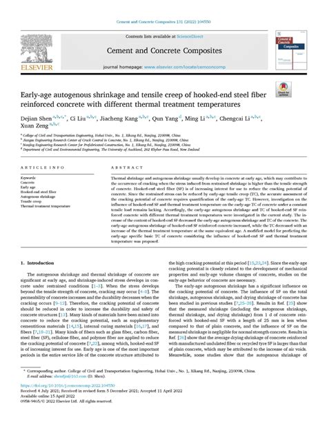 Pdf Early Age Autogenous Shrinkage And Tensile Creep Of Hooked End Steel Fiber Reinforced