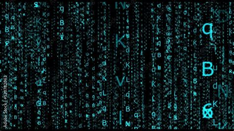 Looping Matrix Style Alphabet Code Rain Effect Light Blue Color With Black Background Stock