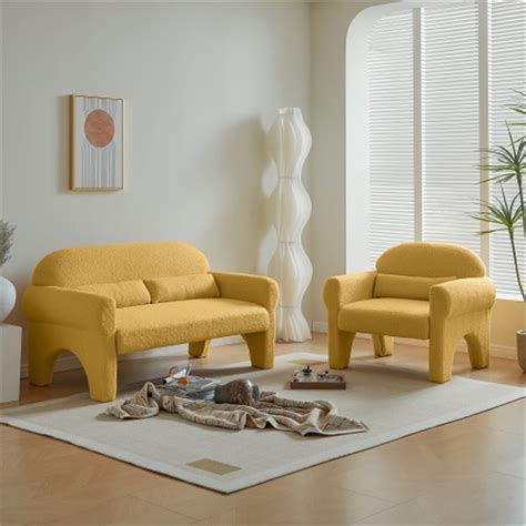 2 Piece Livingroom Furniture Set Modern Teddy Fabric Loveseat Sofa And Accent Chair With Lumbar