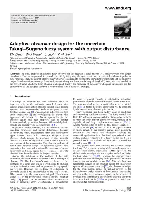 PDF Adaptive Observer Design For The Uncertain Takagi Sugeno Fuzzy System With Output Disturbance