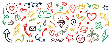 벡터 만화 추상 그림 흰색 배경에 간단한 다른 선 모양과 화살표 브러시의 집합 평면 손으로 그린 스케치 낙서 스타일 다양한 마커 획 요소 및 아이콘 모음 디자인 곡선에 대한