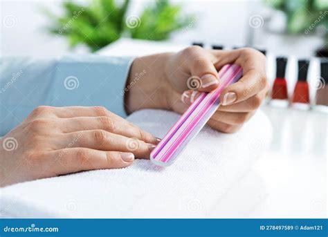 Woman Using Nail File And Create Nails Shape Stock Image Image Of Manicure Manicurist 278497589