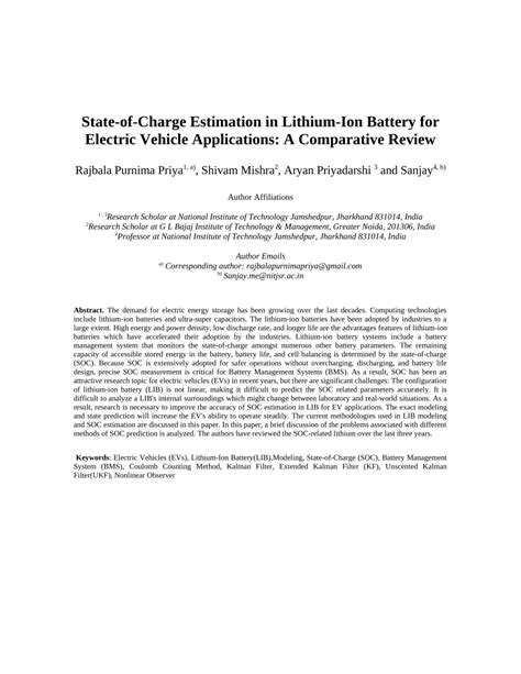 Pdf State Of Charge Estimation In Lithium Ion Battery For Electric