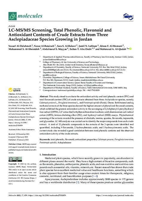 Pdf Lc Ms Ms Screening Total Phenolic Flavonoid And Antioxidant Contents Of Crude Extracts