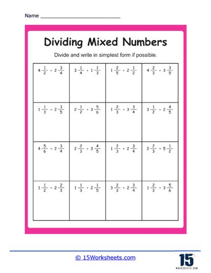 Dividing Mixed Numbers Worksheets 15 Worksheets Com