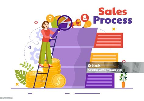 새로운 고객을 유치하고 비즈니스 전략에서 이익을 창출하기 위한 의사 소통 단계가 있는 판매 프로세스 벡터 일러스트 평면 배경