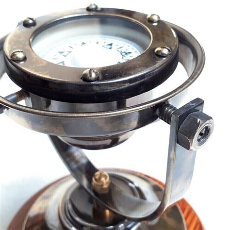 Antique Brass Gimble Compass Nautical Marine Wooden Base Compass Ebay