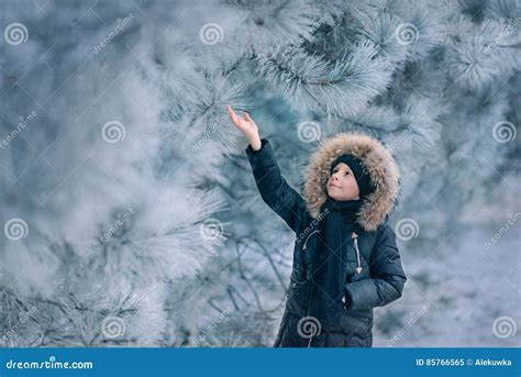 Ragazzo In Un Rivestimento Con Un Cappuccio In Un Parco Nevoso Immagine