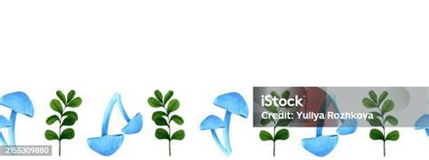 푸른 버섯과 링곤베리 잎의 이음매 없는 프레임 테두리 흰색 바탕에 손으로 그린 그림입니다 디자인 배너 카드 전단지 및 초대장을 위한 템플릿입니다 0명에 대한 스톡 벡터 아트