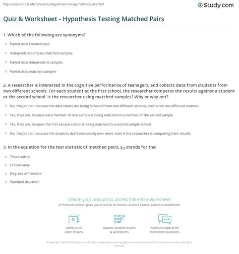 Quiz And Worksheet Hypothesis Testing Matched Pairs